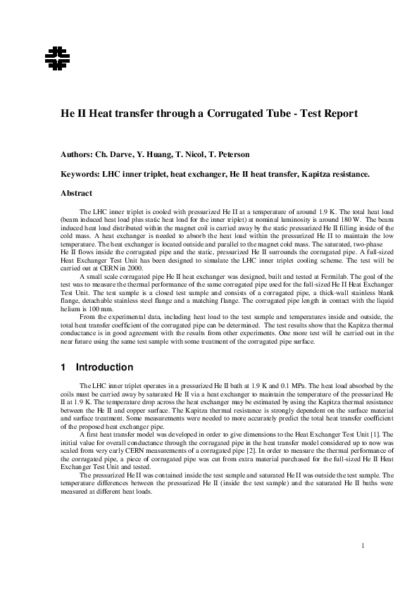 (PDF) He II Heat transfer through a Corrugated Tube -Test Report
