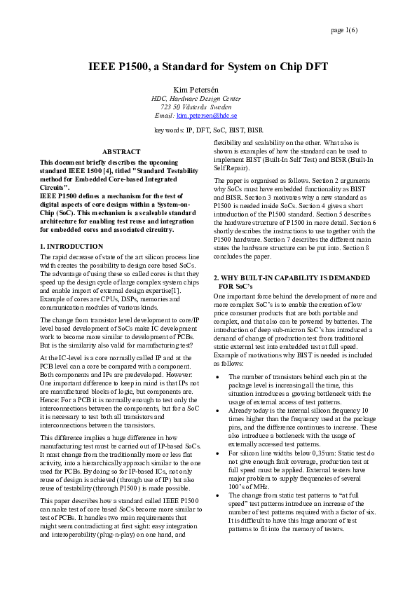 (PDF) IEEE P 1500 , a Standard for System on Chip DFT