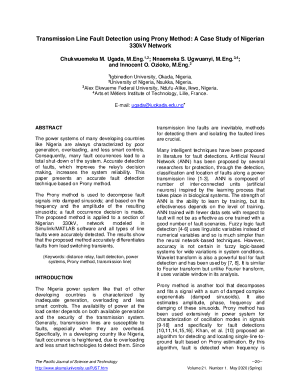 (PDF) Transmission Line Fault Detection using Prony Method: A Case Study of Nigerian 330kV Network