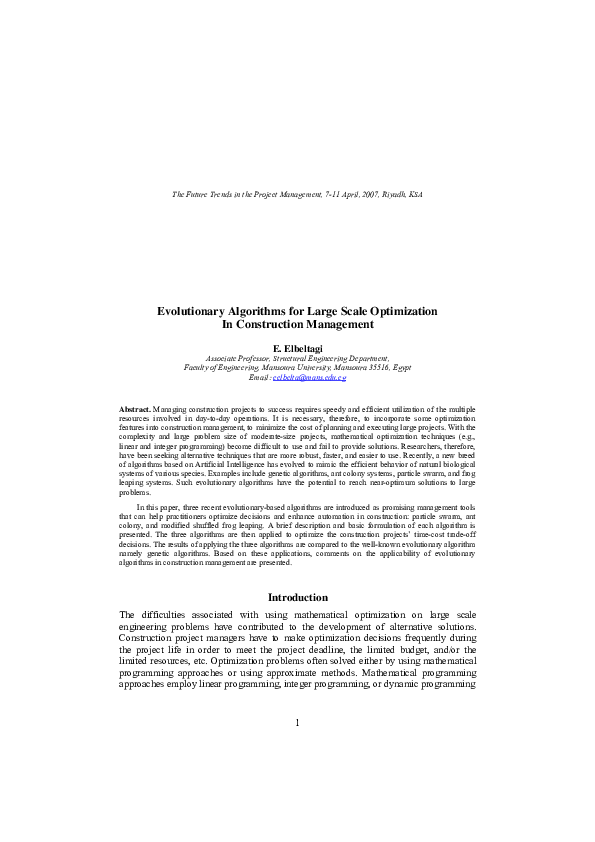 Pdf Evolutionary Algorithms For Large Scale Optimization In Construction Management