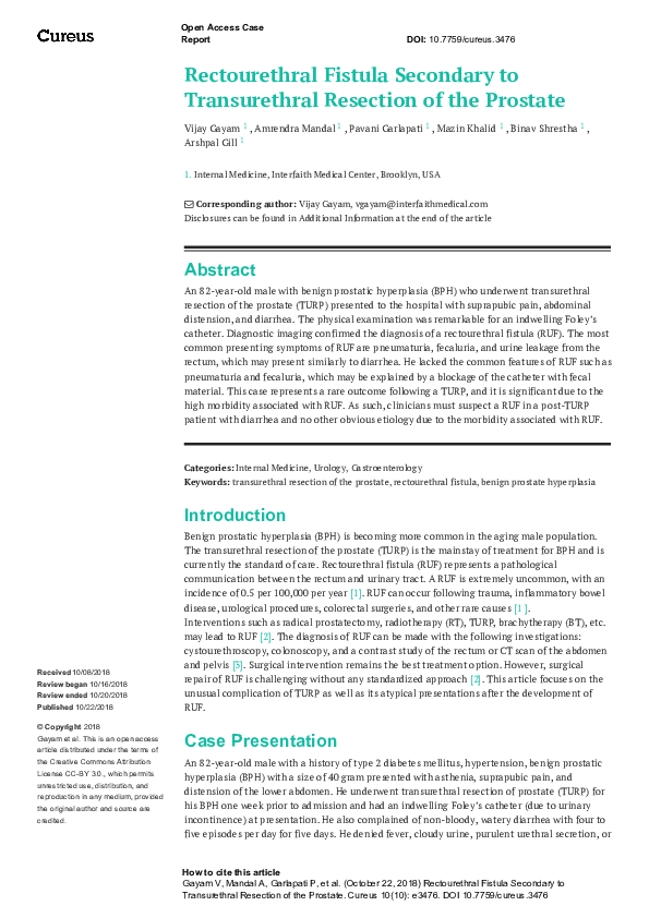 (PDF) Rectourethral Fistula Secondary to Transurethral Resection of the ...