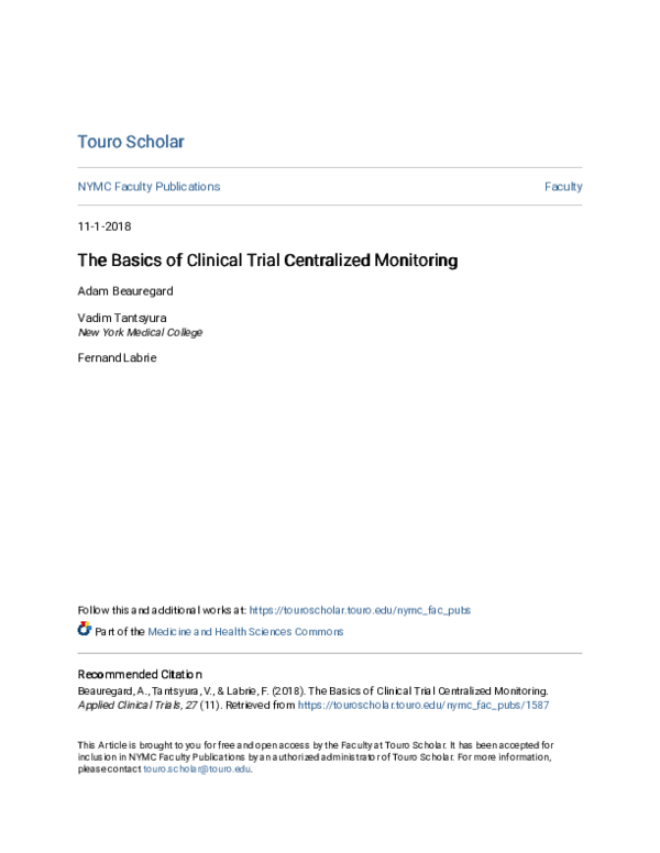 (PDF) The Basics of Clinical Trial Centralized Monitoring | Adam ...