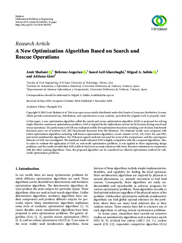 Pdf A New Optimization Algorithm Based On Search And Rescue Operations