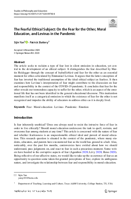 (PDF) The Fearful Ethical Subject: On the Fear for the Other, Moral ...