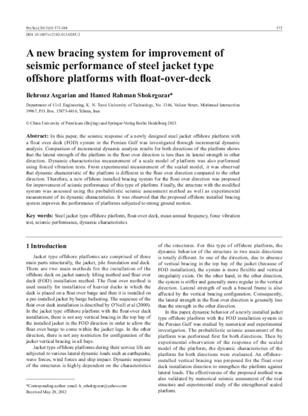 Pdf A New Bracing System For Improvement Of Seismic Performance Of Steel Jacket Type Offshore