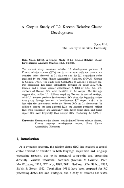 (PDF) A Corpus Study of L2 Korean Relative Clause Development | Sorin ...