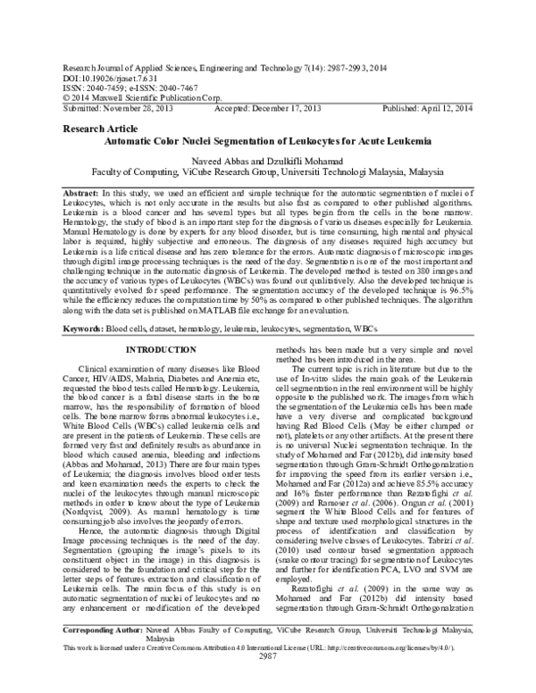 Pdf Automatic Color Nuclei Segmentation Of Leukocytes For Acute Leukemia Naveed Abbas