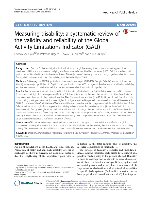 (PDF) Measuring disability: a systematic review of the validity and reliability of the Global ...