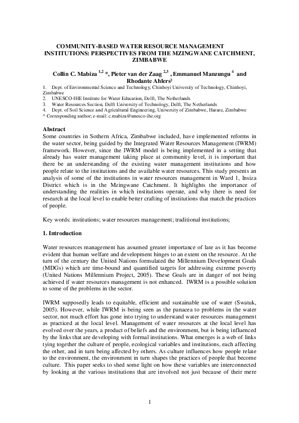 (PDF) Community-Based Water Resource Management I Nstitutions ...