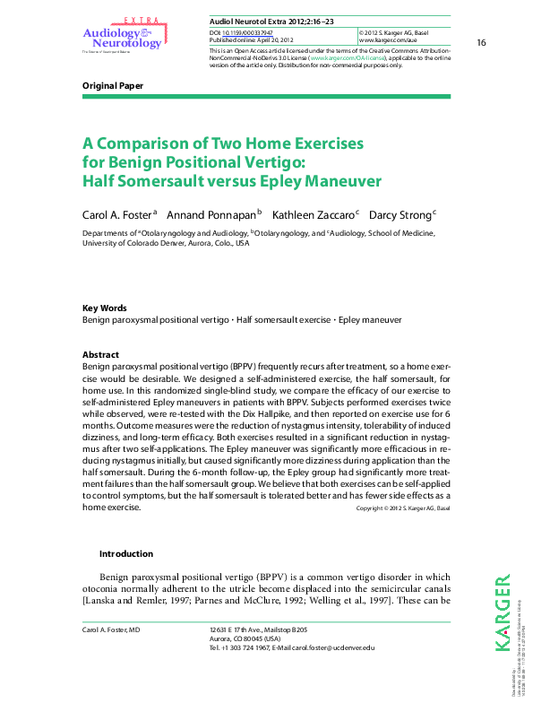 (PDF) A Comparison of Two Home Exercises for Benign Positional Vertigo ...