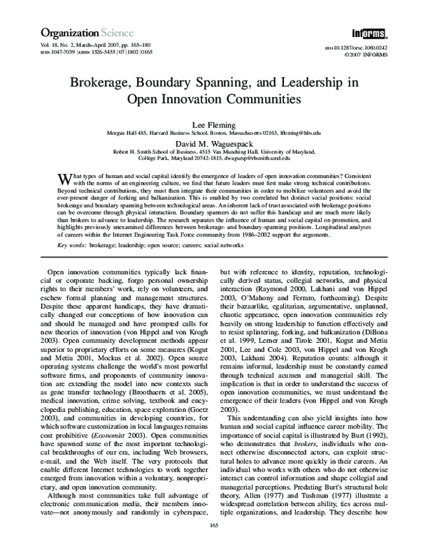 (PDF) Brokerage, boundary spanning, and leadership in open innovation communities