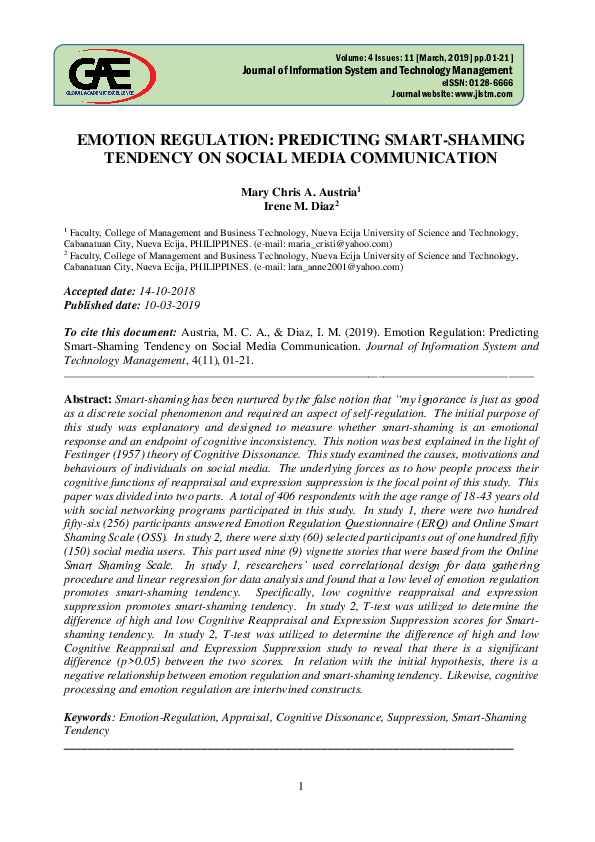 (PDF) Emotion Regulation: Predicting Smart-Shaming Tendency on Social ...