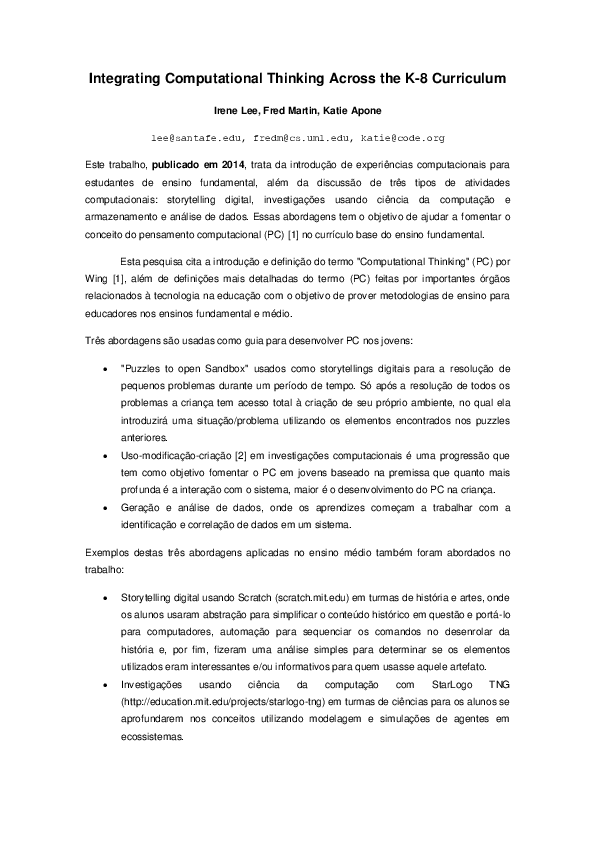 (PDF) Integrating computational thinking across the K--8 curriculum (PDF) Integrating computational thinking across the K--8 curriculum