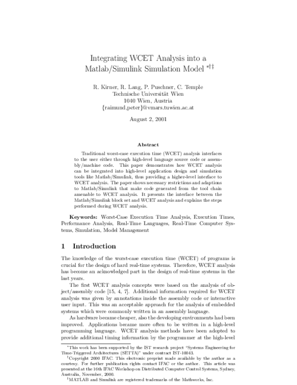 (PDF) Integrating WCET analysis into a matlab/simulink simulation model