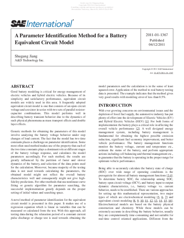 Pdf A Parameter Identification Method For A Battery Equivalent