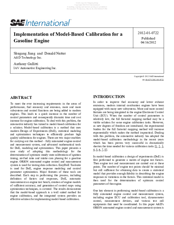 Pdf Implementation Of Model Based Calibration For A Gasoline Engine