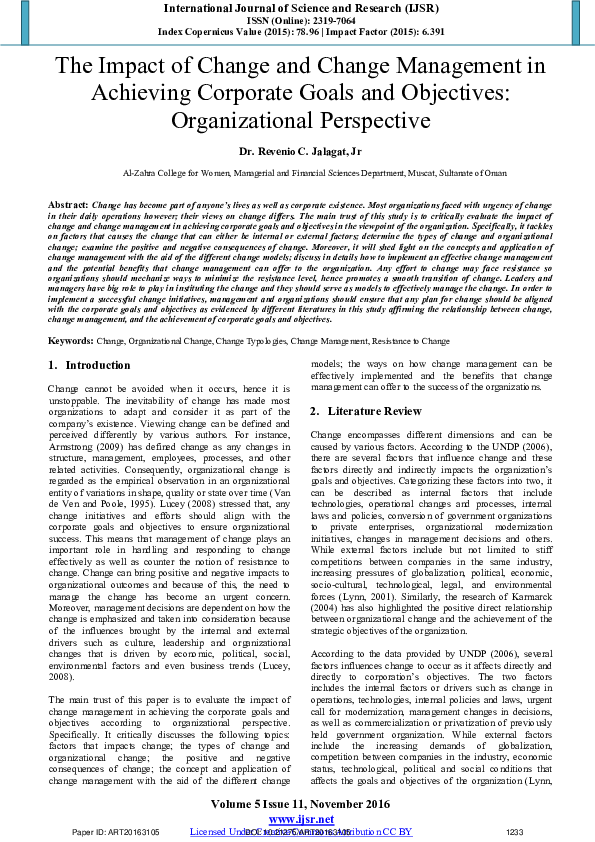 (PDF) The Impact of Change and Change Management in Achieving Corporate ...