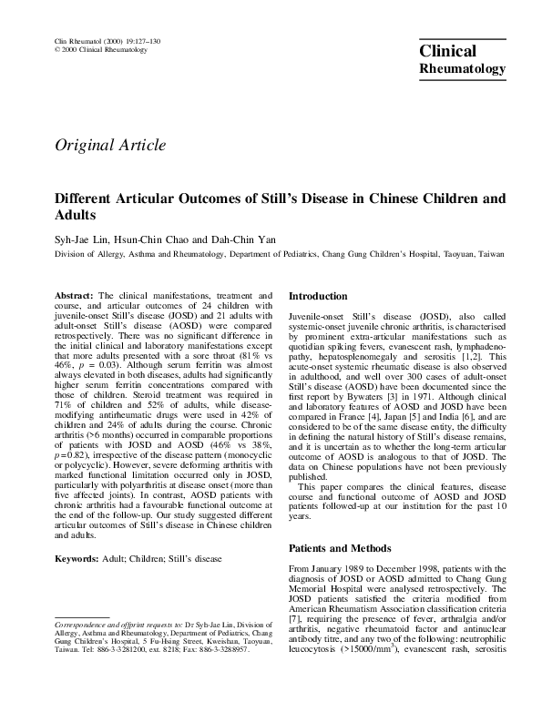 (PDF) Different Articular Outcomes of Still's Disease in Chinese ...