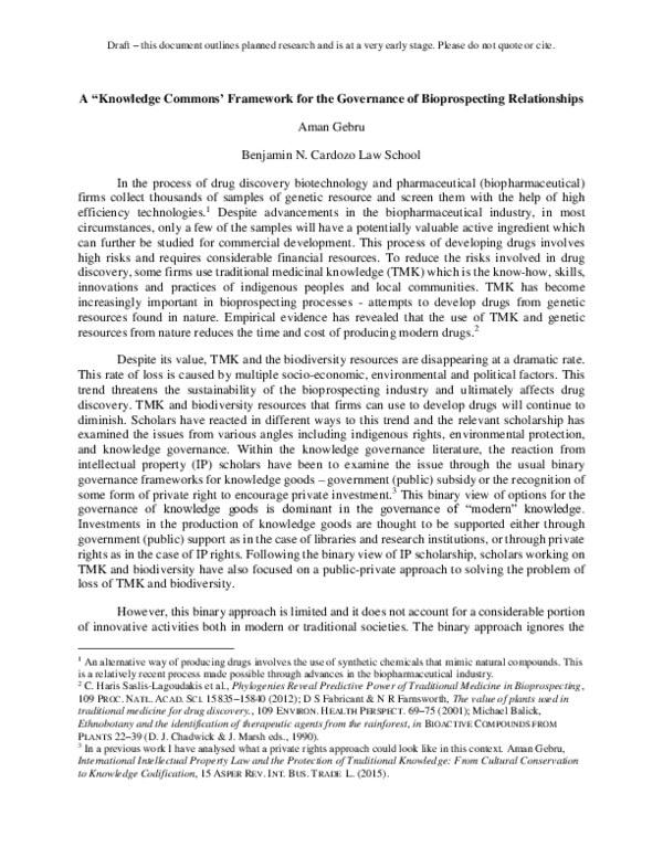 (PDF) A “Knowledge Commons’ Framework for the Governance of Bioprospecting Relationships