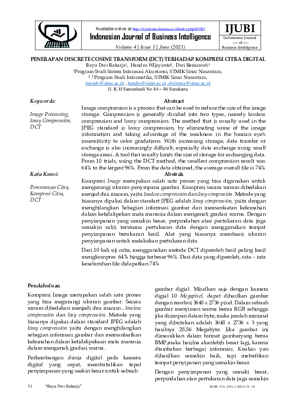 Pdf Penerapan Discrete Cosine Transform Dct Terhadap Kompresi Citra Digital