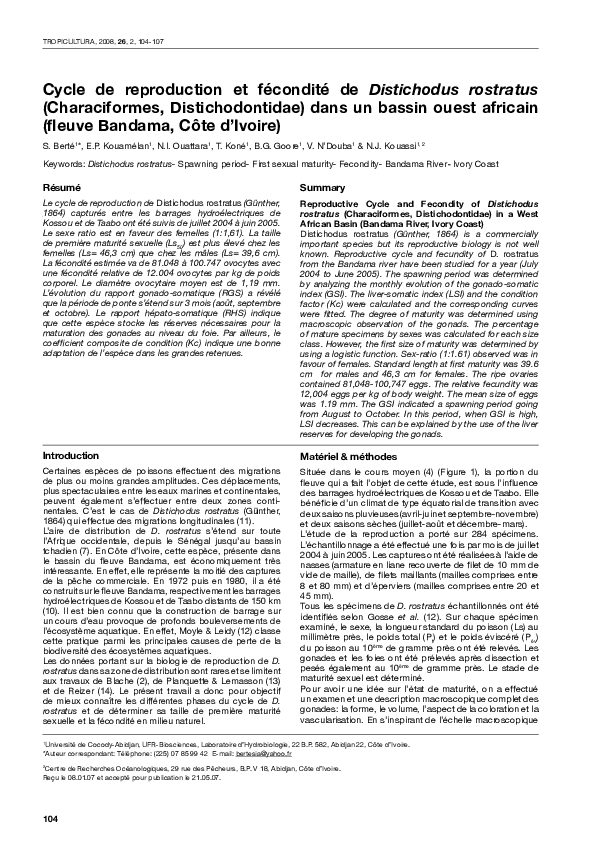 (PDF) Cycle de reproduction et fécondité de Distichodus rostratus ...