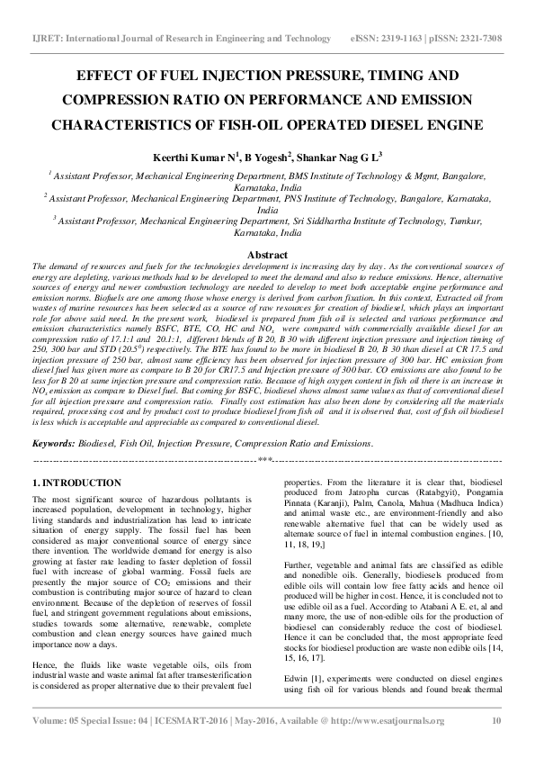Pdf Effect Of Fuel Injection Pressure Timing And Compression Ratio On Performance And