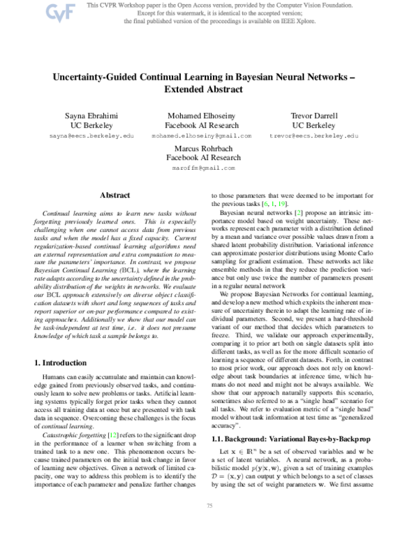 (PDF) Uncertainty-Guided Continual Learning in Bayesian Neural Networks - Extended Abstract