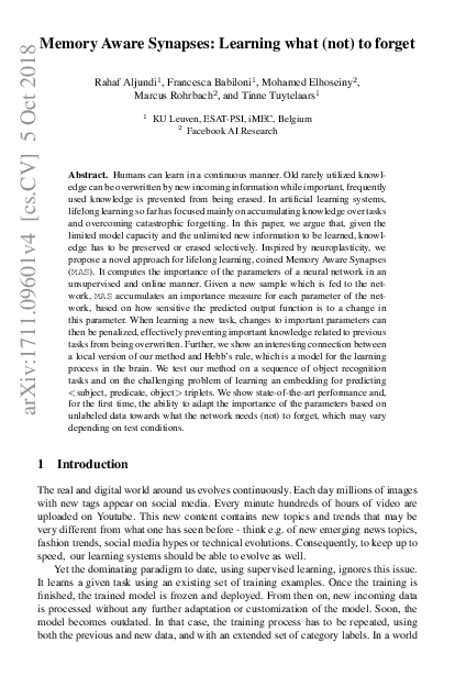 (PDF) Memory Aware Synapses: Learning What (not) to Forget