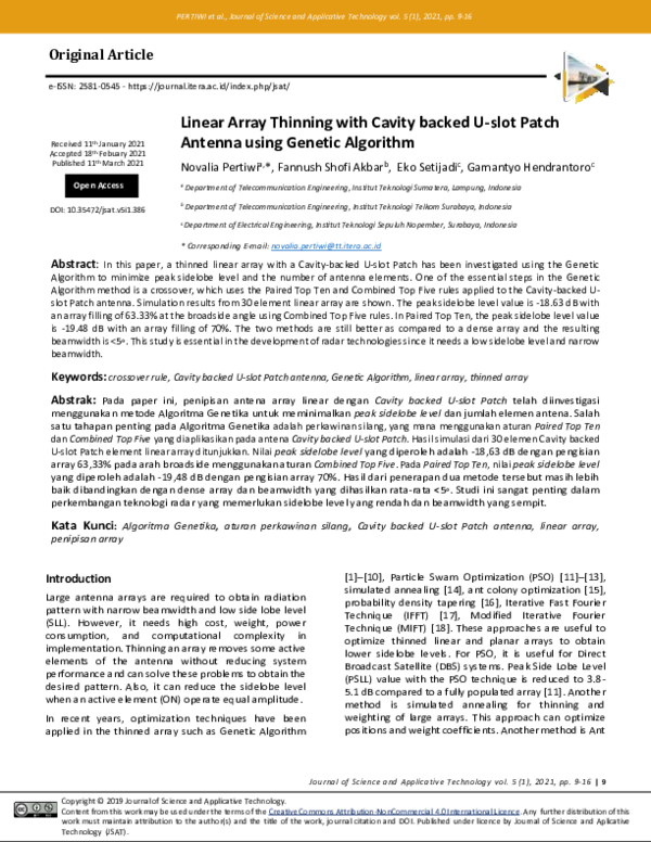 Pdf Linear Array Thinning With Cavity Backed U Slot Patch Antenna Using Genetic Algorithm