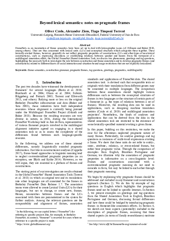 Pdf Beyond Lexical Semantics Notes On Pragmatic Frames