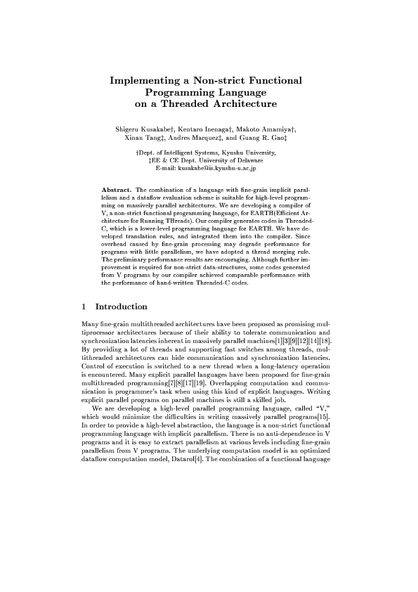 Pdf Implementing A Non Strict Functional Programming Language On A Threaded Architecture