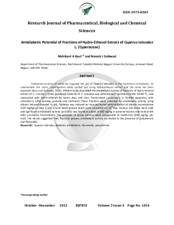 (PDF) Antidiabetic Potential of Fractions of Hydro-Ethanol Extract of Cyperus rotundus L ...