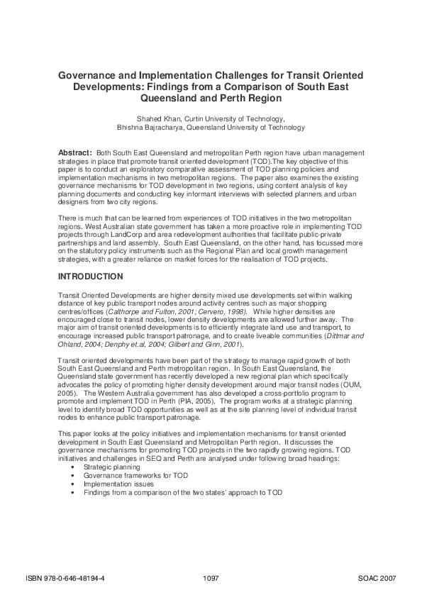 (PDF) Governance and implementation challenges for transit oriented ...