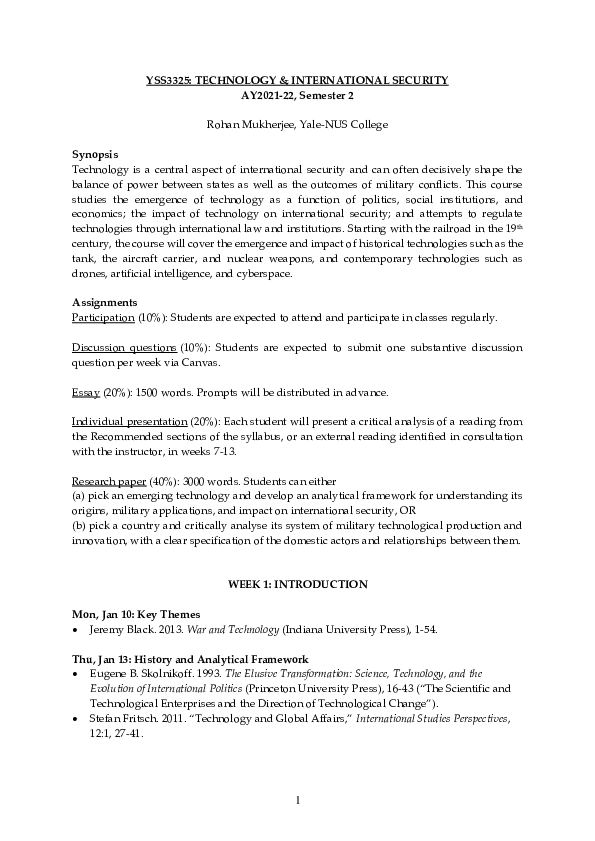 (PDF) Syllabus: Technology and International Security (AY2021-22)