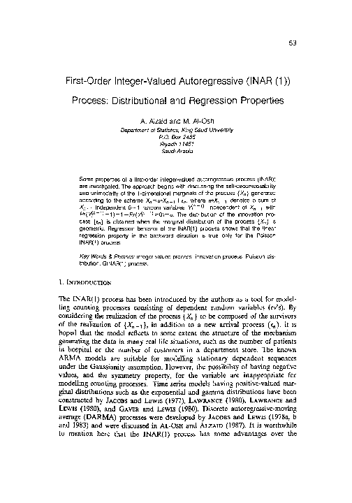 (PDF) First-Order Integer-Valued Autoregressive Process : Distributional and Regression Properties