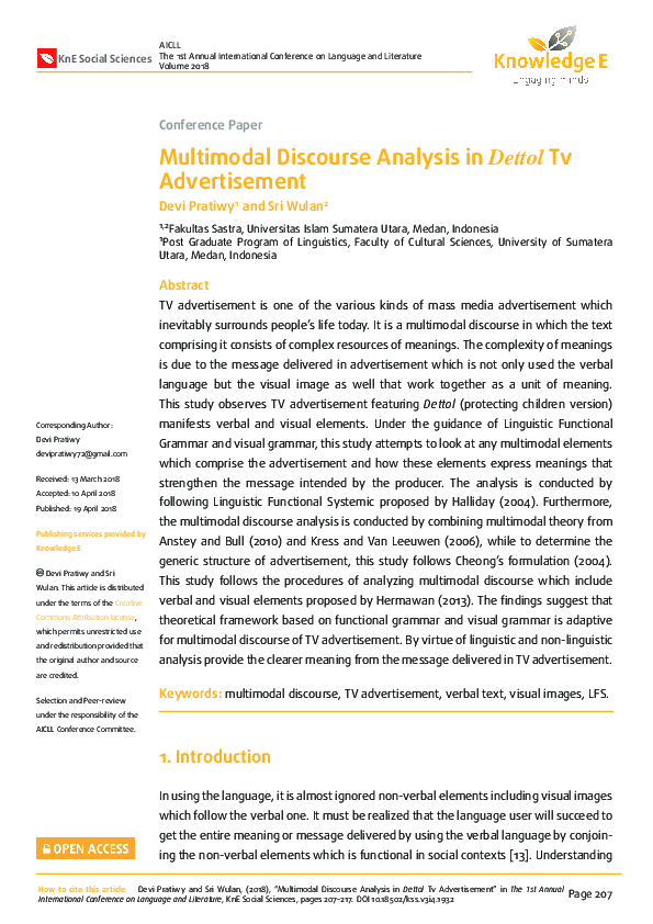 (PDF) Multimodal Discourse Analysis in Dettol Tv Advertisement