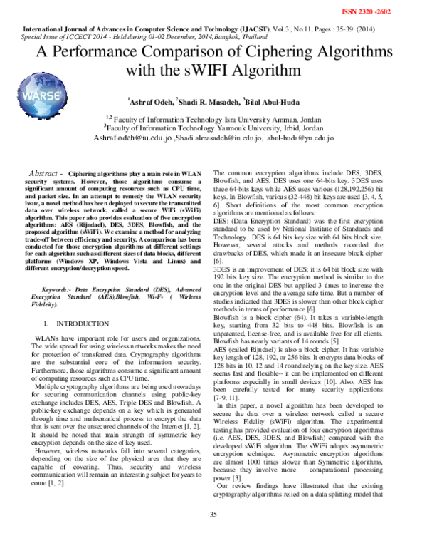 Pdf A Performance Comparison Of Ciphering Algorithms With The Swifi Algorithm Bilal Abul 4436