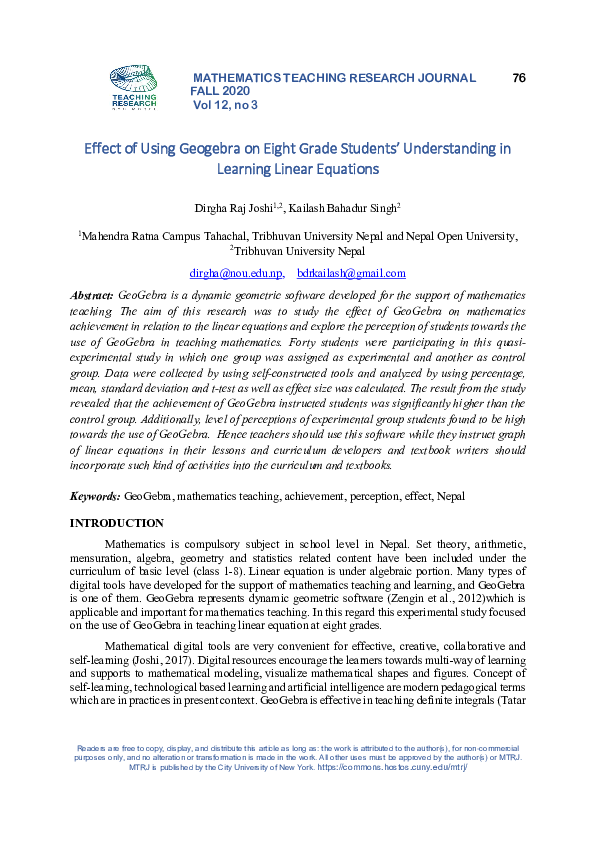 (PDF) Effect of Using Geogebra on Eight Grade Students’ Understanding in Learning Linear Equations