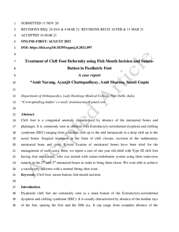 (PDF) Treatment of Cleft Foot Deformity using Fish Mouth Incision and ...