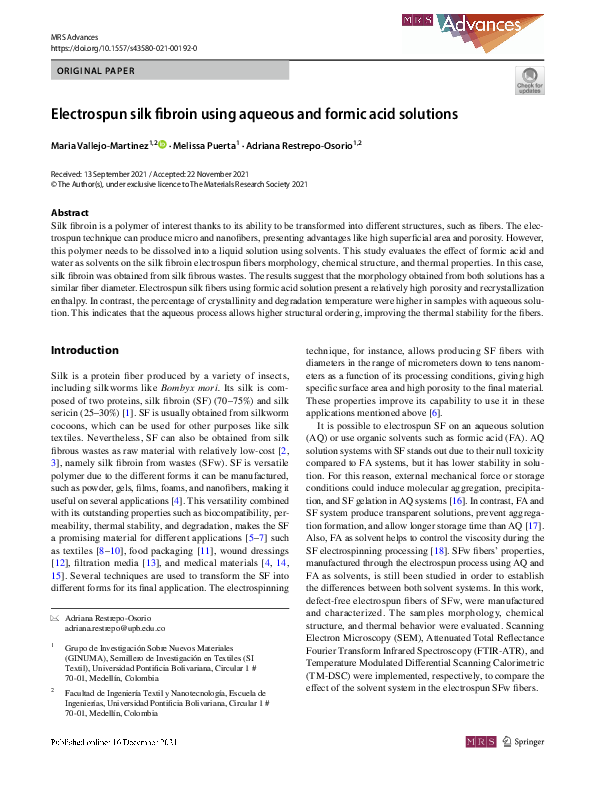 (PDF) Electrospun silk fibroin using aqueous and formic acid solutions