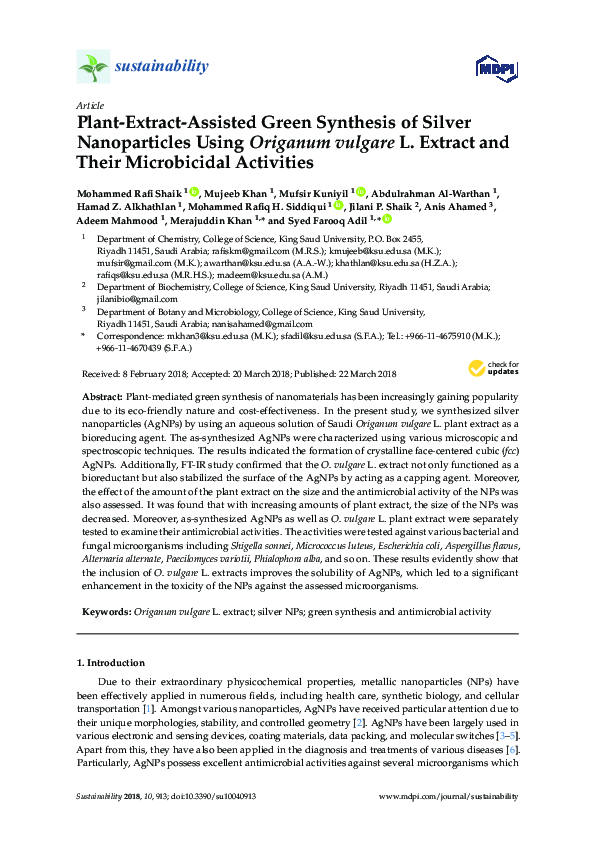 (PDF) Plant-Extract-Assisted Green Synthesis of Silver Nanoparticles ...
