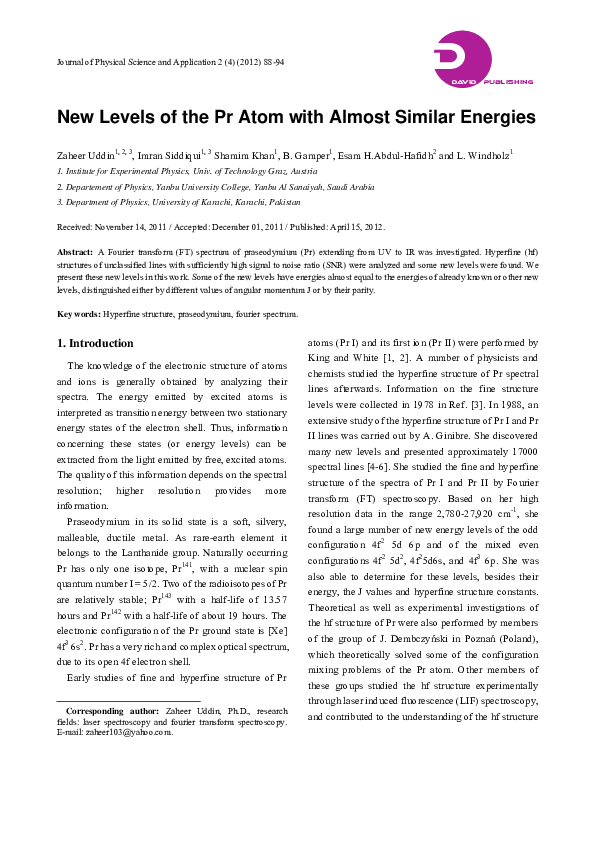 (PDF) New Levels of the Pr Atom with Almost Similar Energies