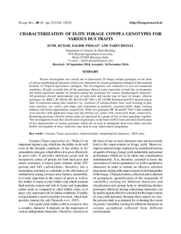 (PDF) Characterization of Elite Forage Cowpea Genotypes for Various Dus ...