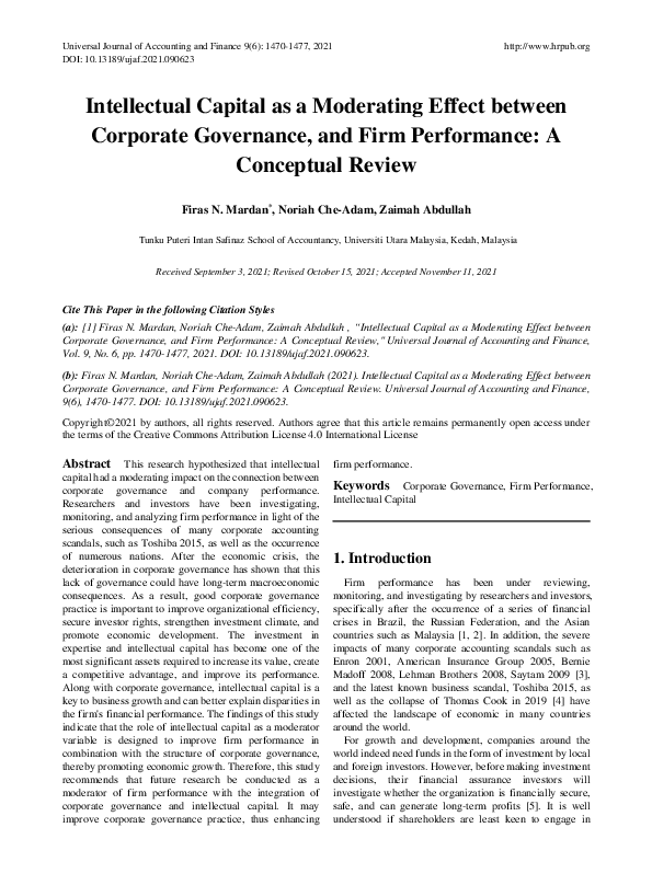 (PDF) Intellectual Capital as a Moderating Effect between Corporate Governance, and Firm ...