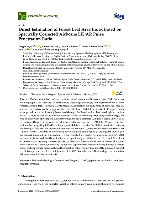 (PDF) Direct Estimation of Forest Leaf Area Index based on Spectrally Corrected Airborne LiDAR ...