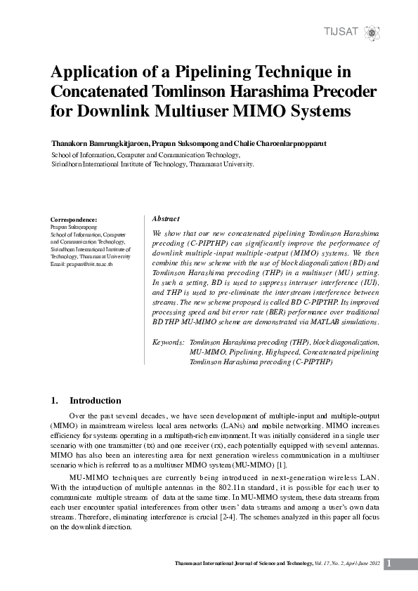 (PDF) Application of Pipelining Technique in Concatenated Tomlinson Harashima Precoder for ...