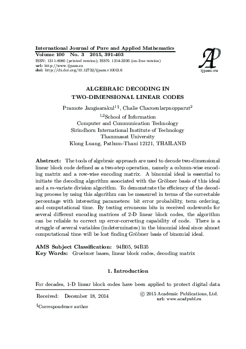 Pdf Algebraic Decoding In Two Dimensional Linear Codes 