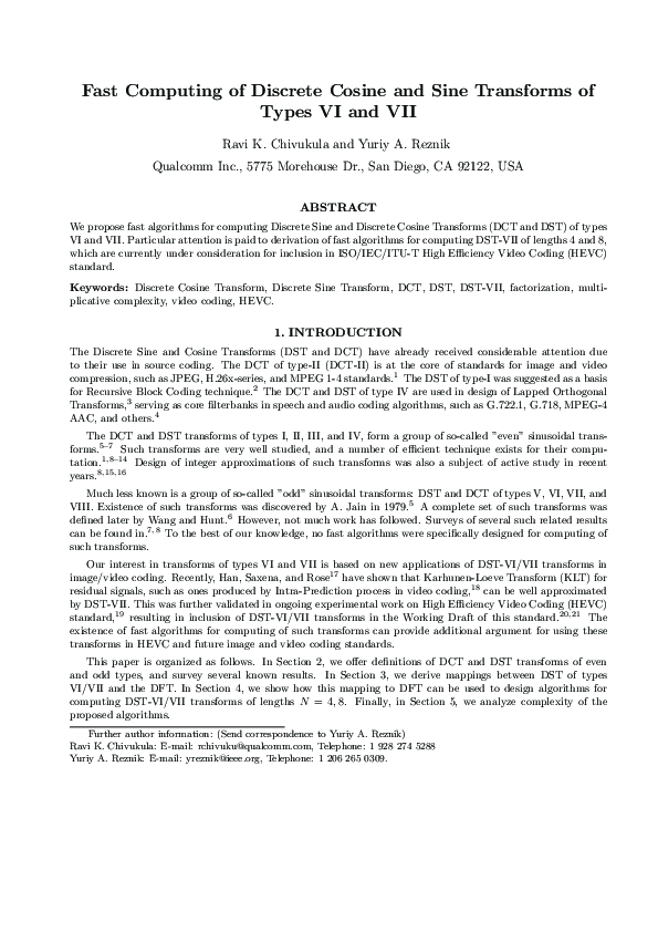 (PDF) Fast computing of discrete cosine and sine transforms of types VI and VII | Yuriy Reznik ...