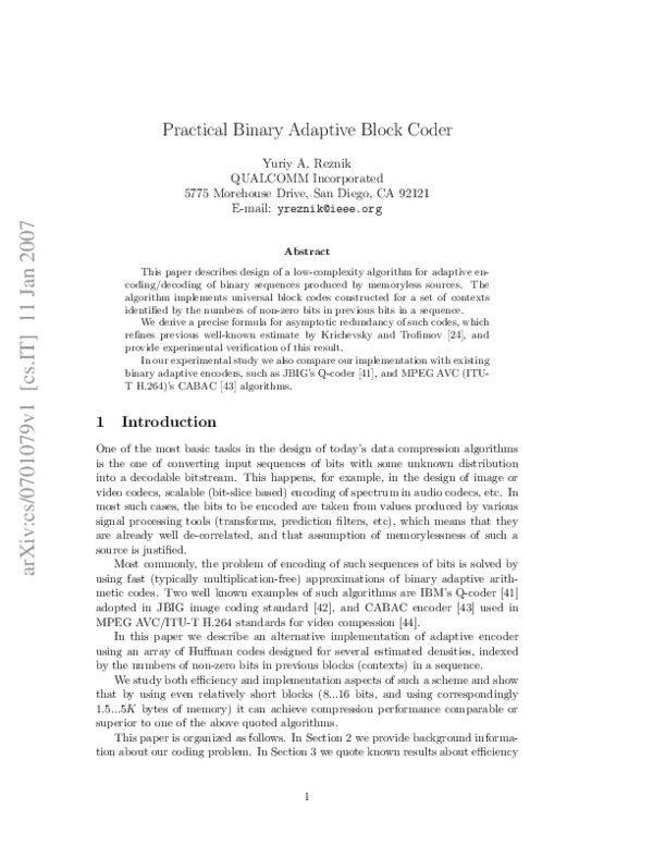 Pdf Practical Binary Adaptive Block Coder