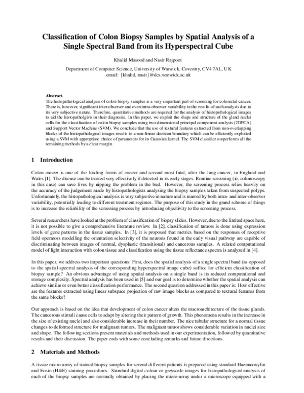 (PDF) Classification of colon biopsy samples by spatial analysis of a ...